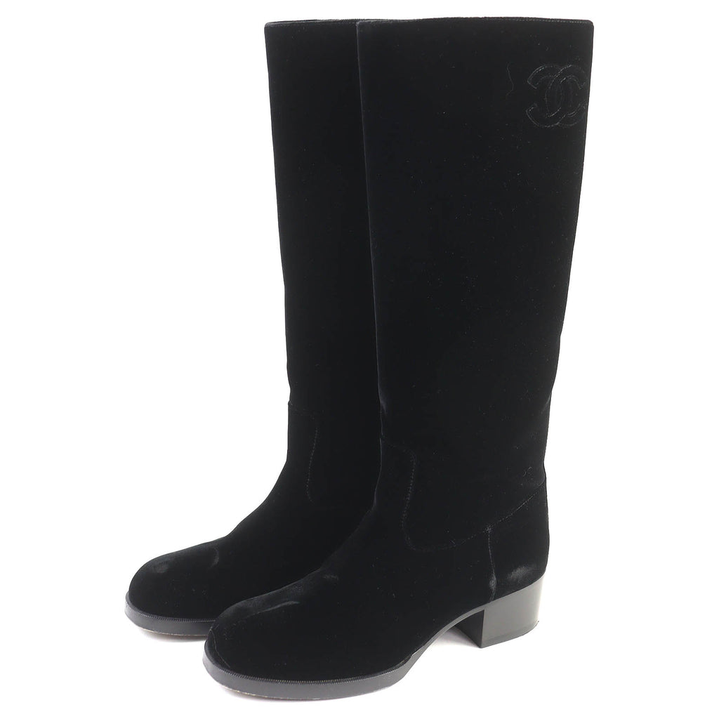 CHANEL Black Knee-high boots Women COCO Mark Velour Round Toe Long Boo ...
