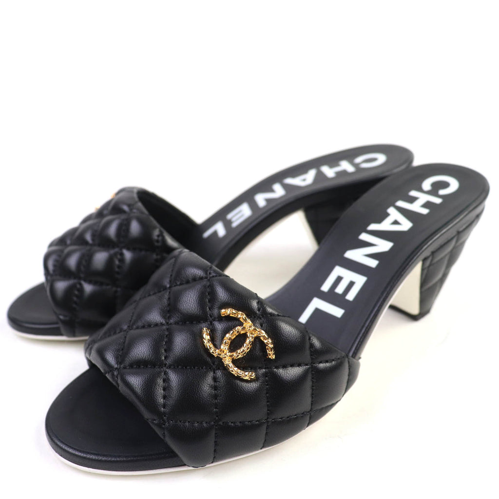 CHANEL Black Mule Women COCO Mark Matelassé Lambskin Sandals シャネル ブラック ...