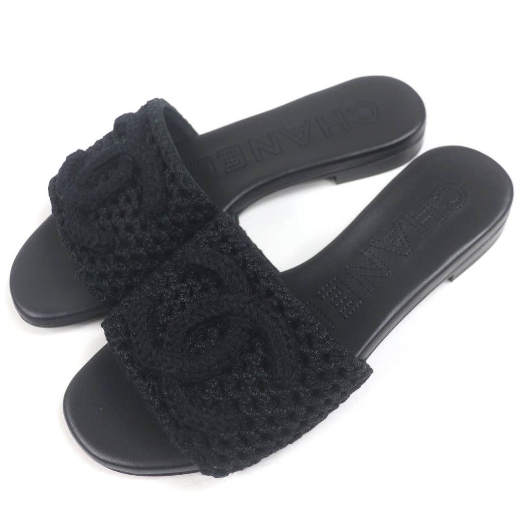 CHANEL Black Mule Women CC logo crochet design sandals シャネル ブラック ミュール ...