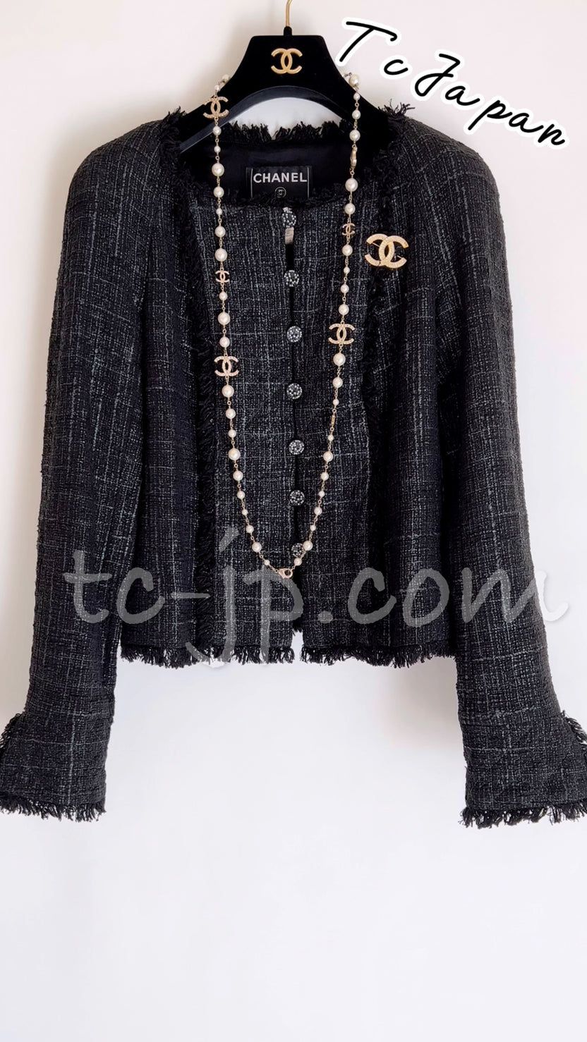 シャネル ジャケット CHANEL ブラック グレー フリンジトリム ツイード 05PF Black Gary Fringe Trim ...