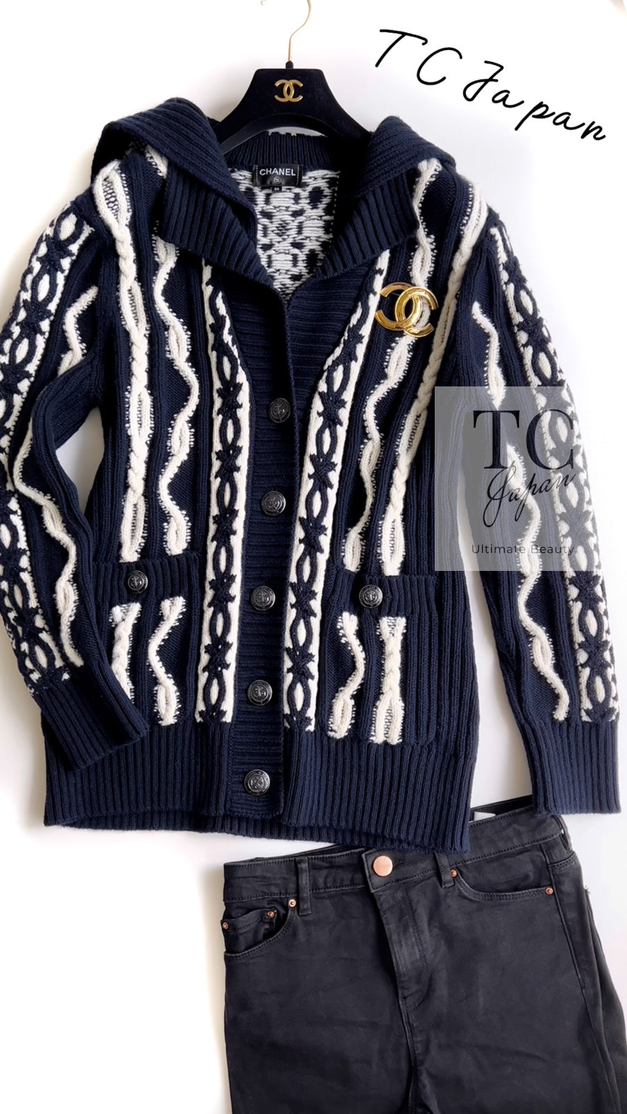 シャネル カーディガン CHANEL ネイビー アイボリー ウール カシミア ケーブル ニット 18PF Navy Ivory Wool ...