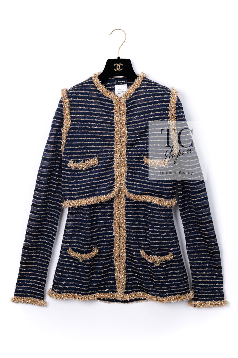 シャネル カーディガン ベスト CHANEL ネイビー ゴールド メタリック パール トリミング 15C Navy Gold Metallic ...