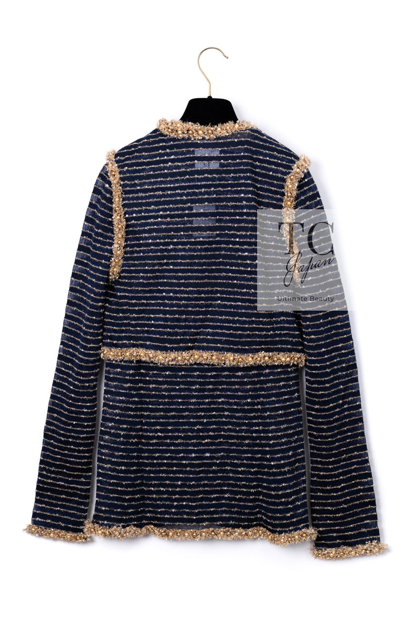 シャネル カーディガン ベスト CHANEL ネイビー ゴールド メタリック パール トリミング 15C Navy Gold Metallic ...