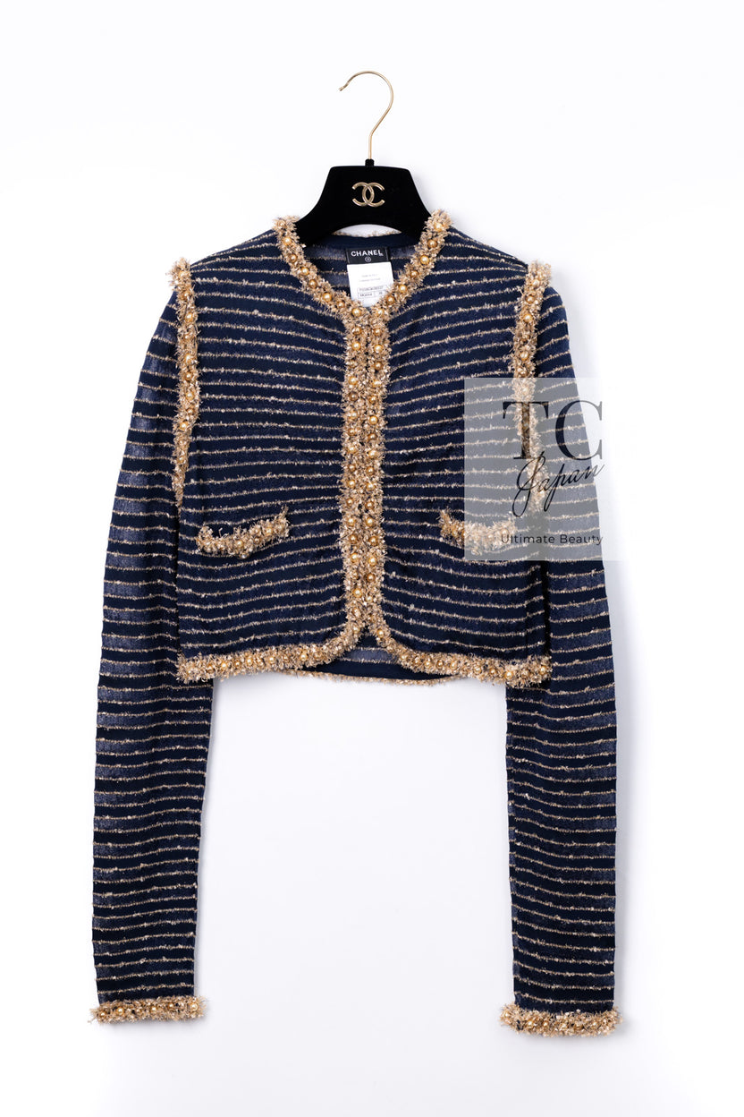 シャネル カーディガン ベスト CHANEL ネイビー ゴールド メタリック パール トリミング 15C Navy Gold Metallic ...