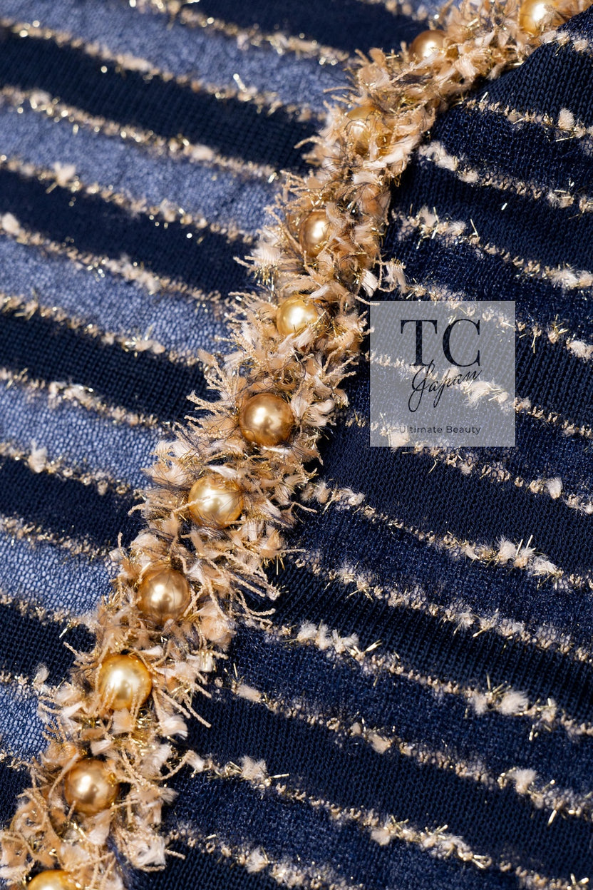 シャネル カーディガン ベスト CHANEL ネイビー ゴールド メタリック パール トリミング 15C Navy Gold Metallic ...