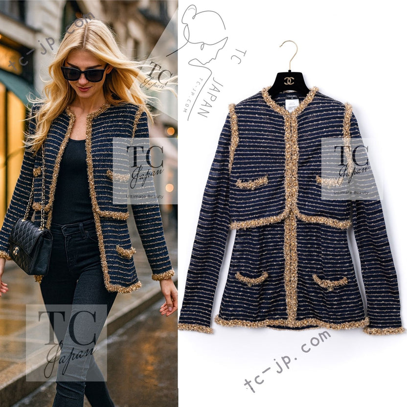 シャネル カーディガン ベスト CHANEL ネイビー ゴールド メタリック パール トリミング 15C Navy Gold Metallic ...
