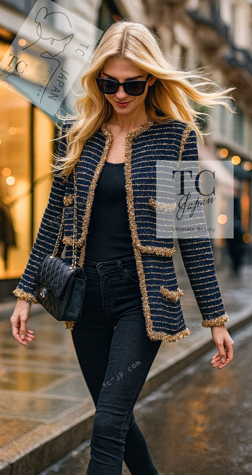 シャネル カーディガン ベスト CHANEL ネイビー ゴールド メタリック パール トリミング 15C Navy Gold Metallic ...
