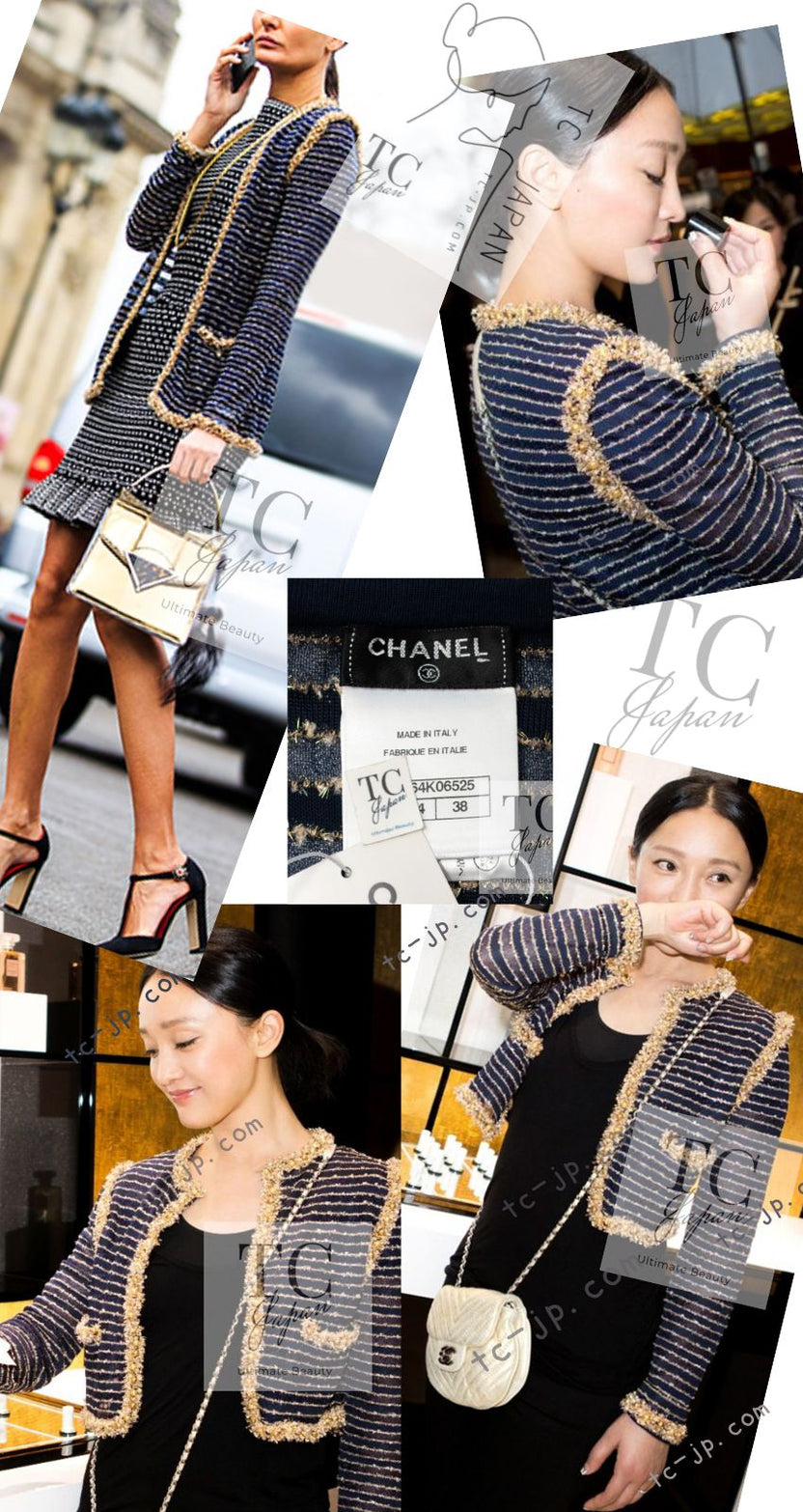 シャネル カーディガン ベスト CHANEL ネイビー ゴールド メタリック パール トリミング 15C Navy Gold Metallic ...