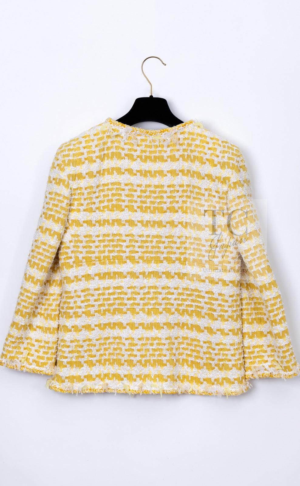 極美品△CHANEL シャネル 18S P58787 コットン ウール ココマーククリアボタン ツイード ノーカラージャケット イエロー系 36 仏製 正規品 シャネル ジャケット スーツ CHANEL イエロー アイボリー コットン