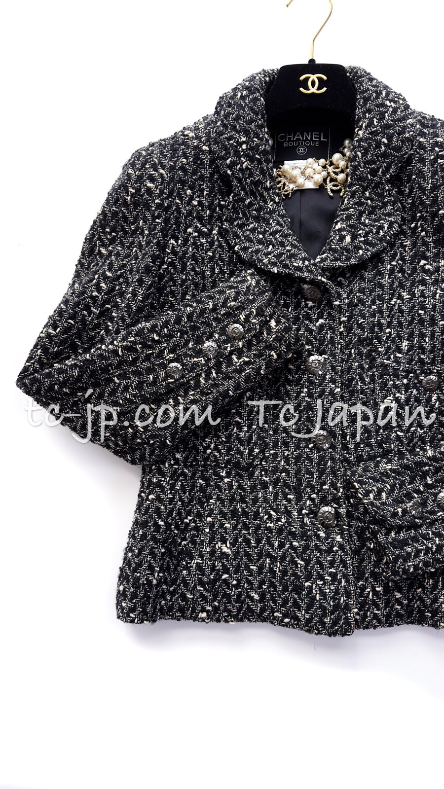 シャネル ヴィンテージ・ブラック・グレー・シェブロン・ツイード・ジャケット・スカート・スーツ CHANEL 97A Vintage Black ...